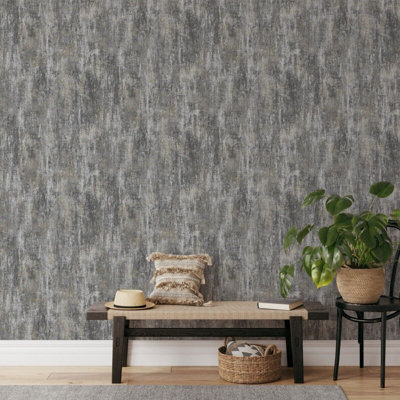 Charcoal Grey Textured Wallpaper Heavyweight Distressed Metallic Effect ...