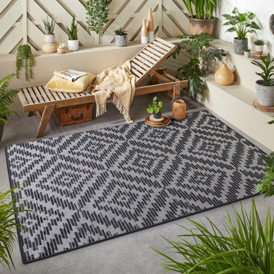Charcoal Outdoor Rug, Geometric Stain-Resistant Rug For Patio Decks ...
