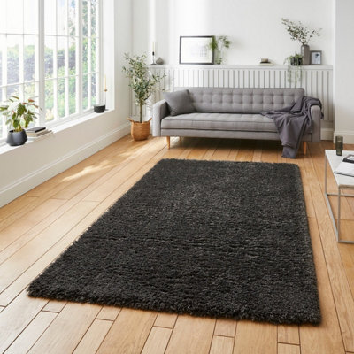 Charcoal Plain Shaggy Modern Easy To Clean Rug For Dining Room-160cm X ...
