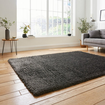 Charcoal Plain Shaggy Modern Easy To Clean Rug For Dining Room-160cm X ...