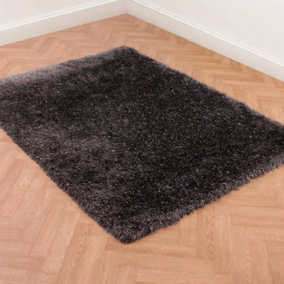Charcoal Plain Shaggy Modern Sparkle Rug For Dining Room Bedroom ...