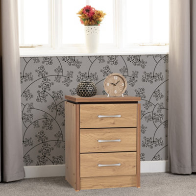 Charles 3 Drawer Bedside Chest in Oak Effect Veneer Walnut Trim
