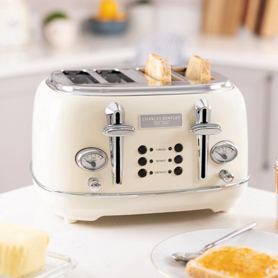 Charles Bentley 4 Slice Stainless Steel Toaster w Tray Cream & Chrome