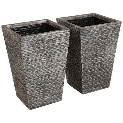 Charles Bentley Pair of Tall Slate Planters (Dia. 30cm) Grey Plastic Pots