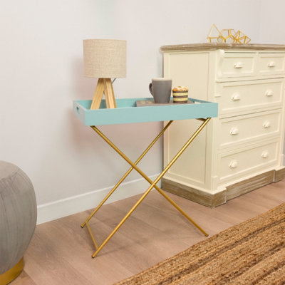 Charles Bentley Wooden Tray Top Butlers Gold Leg Side Table Duck Egg Blue | DIY at B&Q