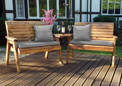 CHARLES TAYLOR WOODEN TWIN GARDEN 2 SEATER BENCH SET ANGLED & GREY CUSHION