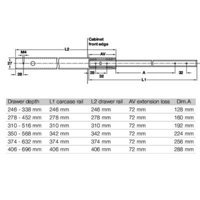 Charles Watson Drawer Runners Ball Bearing 406-696mm 27mm Depth Pair