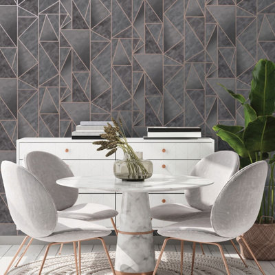 Charon Geometric Wallpaper Charcoal/Rose Gold Holden 91142