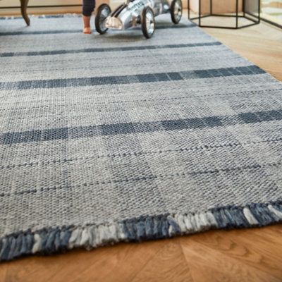 Check Blue Geometric, Hand Made, Luxurious , Modern , Tartan Rug for ...