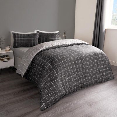 Check Duvet Cover Bedding Set Quilt Pillowcase, Charcoal/Black - Single