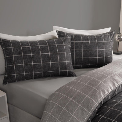 Check Duvet Cover Bedding Set Quilt Pillowcase, Charcoal/Black - Single