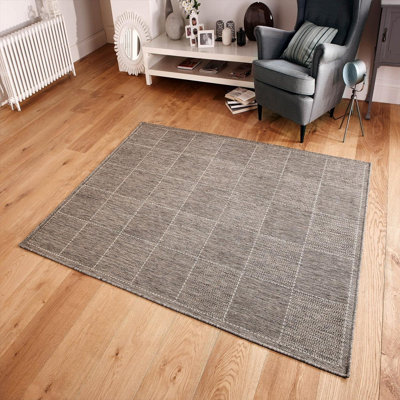Checked Flatweave Grey Anti Slip Bordered Rug for Living Room, Bedroom ...