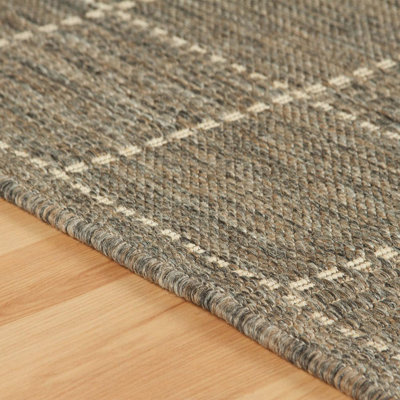 Checked Flatweave Grey Anti Slip Bordered Rug for Living Room, Bedroom ...