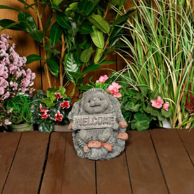 Cheerful Stone Cast Hedgehog with Welcome Sign