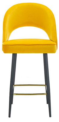 CHELSEA VELVET BAR STOOL, MUSTARD YELLOW, GOLD FOOTREST & BLACK LEGS