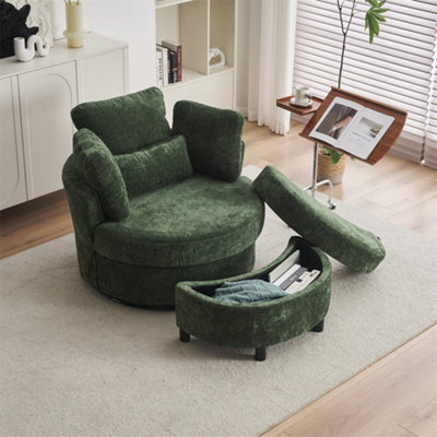 Chenille Swivel Armchair with 3 Back Cushion Pillow Ottoman Crescent Stool Green
