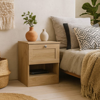 Cherryfern Natural Oak Bedside Table 1 Drawer 1 Open Shelf Compact Matt ...