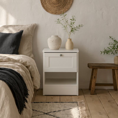 Cherryfern White Wood Bedside Table - 1 Drawer 1 Open Shelf Small Matt ...