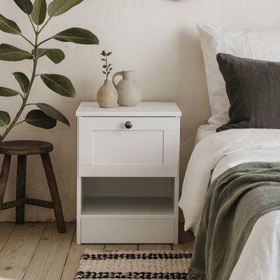 Cherryfern White Wood Bedside Table - 1 Drawer 1 Open Shelf Small Matt ...