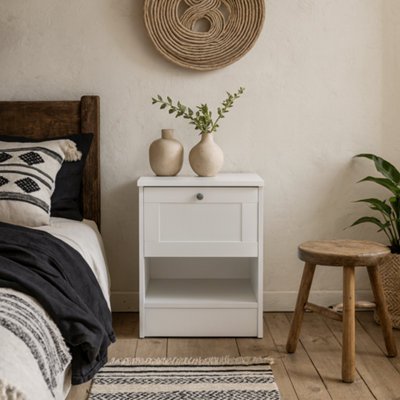 Cherryfern White Wood Bedside Table - 1 Drawer 1 Open Shelf Small Matt ...