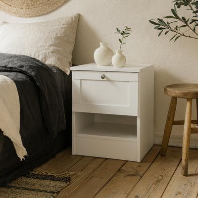 Cherryfern White Wood Bedside Table - 1 Drawer 1 Open Shelf Small Matt ...