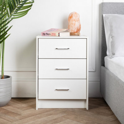 Chest of 3 Drawers White Bedside Table Metal Handles and Runner