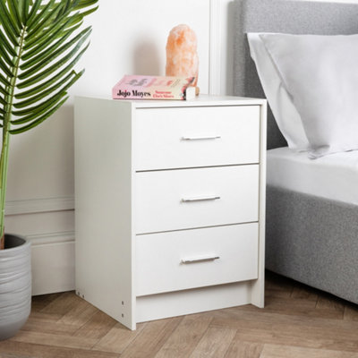 Chest of 3 Drawers White Bedside Table Metal Handles and Runner