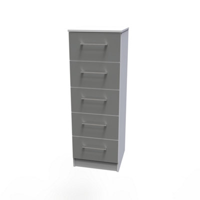 Chester 5 Drawer Tallboy in Uniform Grey Gloss & White (Ready Assembled)