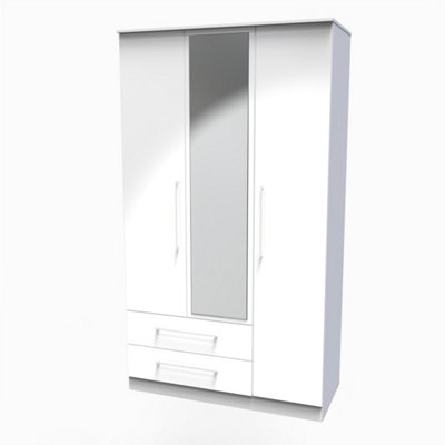 Chester Triple Mirror Wardrobe with 2 Drawers in White Gloss (Ready ...