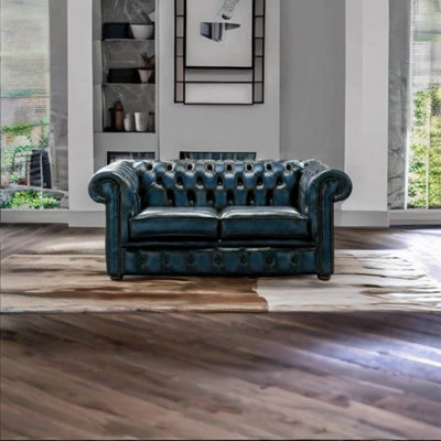 Chesterfield 2 Seater Antique Blue Real Leather Sofa Settee Bespoke In ...