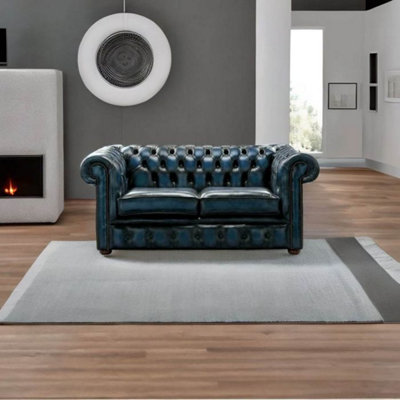 Chesterfield 2 Seater Antique Blue Real Leather Sofa Settee Bespoke In ...