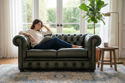 Chesterfield 2 Seater Antique Olive Leather Sofa Settee Bespoke In ...