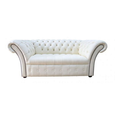 Chesterfield 2 Seater Buttoned Seat Cottonseed Real Leather Sofa Settee ...