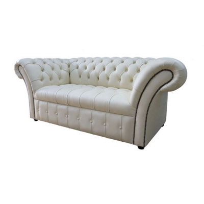 Chesterfield 2 Seater Buttoned Seat Cottonseed Real Leather Sofa Settee ...