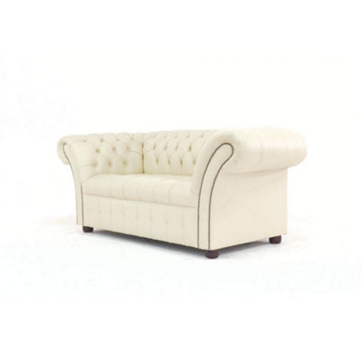 Chesterfield 2 Seater Buttoned Seat Cottonseed Real Leather Sofa Settee ...