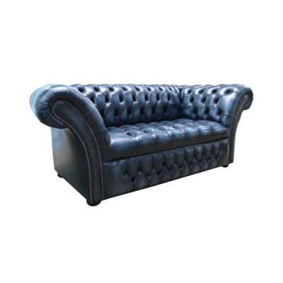 Chesterfield 2 Seater Buttoned Seat Sofa Antique Blue Leather DBB In ...