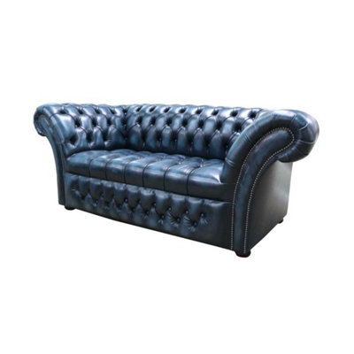Chesterfield 2 Seater Buttoned Seat Sofa Antique Blue Leather DBB In ...