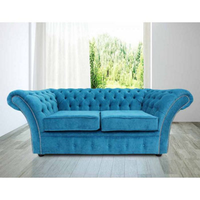 Chesterfield 2 Seater Danza Teal Blue Fabric Sofa Settee In Balmoral Style