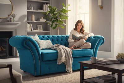Chesterfield 2 Seater Danza Teal Blue Fabric Sofa Settee In Balmoral Style