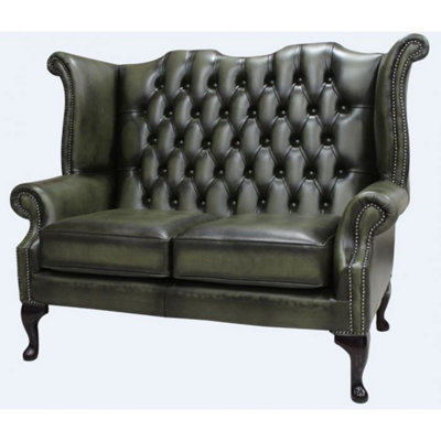 Chesterfield 2 Seater High Back Wing Sofa Antique Olive Leather In ...