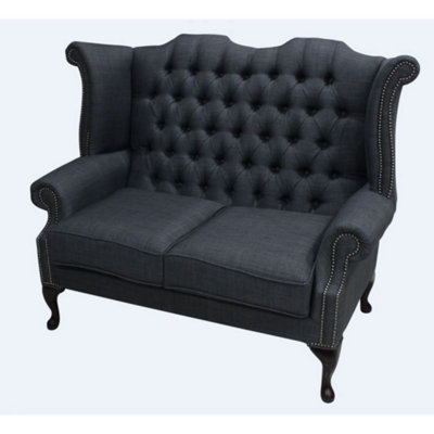 Chesterfield 2 Seater High Back Wing Sofa Charles Charcoal Grey Linen ...