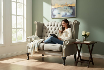 Chesterfield 2 Seater High Back Wing Sofa Charles Fudge Linen Fabric In ...