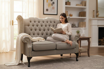 Chesterfield 2 Seater High Back Wing Sofa Charles Fudge Linen Fabric In ...