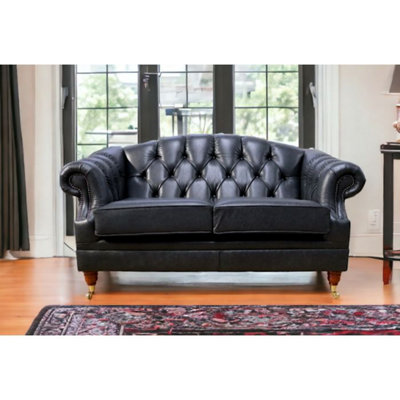 Chesterfield 2 Seater Old English Black Leather Sofa Settee Bespoke In ...