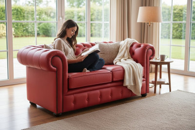 Chesterfield 2 Seater Shelly Flame Red Leather Sofa Settee Bespoke In ...