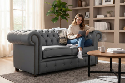 Chesterfield 2 Seater Shelly Piping Leather Sofa Settee Bespoke In Classic Style