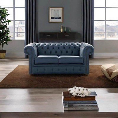 Chesterfield 2 Seater Shelly Suffolk Blue Real Leather Sofa Settee ...