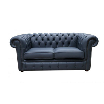 Chesterfield 2 Seater Shelly Suffolk Blue Real Leather Sofa Settee ...