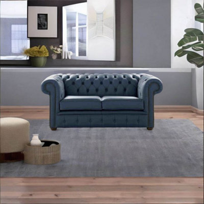 Chesterfield 2 Seater Shelly Suffolk Blue Real Leather Sofa Settee ...