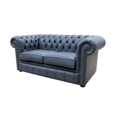 Chesterfield 2 Seater Shelly Suffolk Blue Real Leather Sofa Settee ...